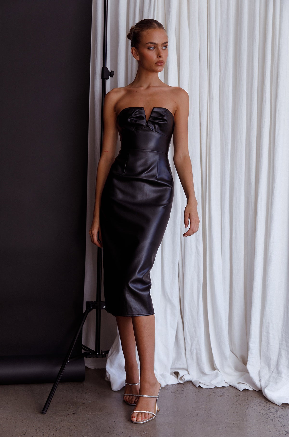 Shop the Intuition Strapless Faux Leather Dress Black