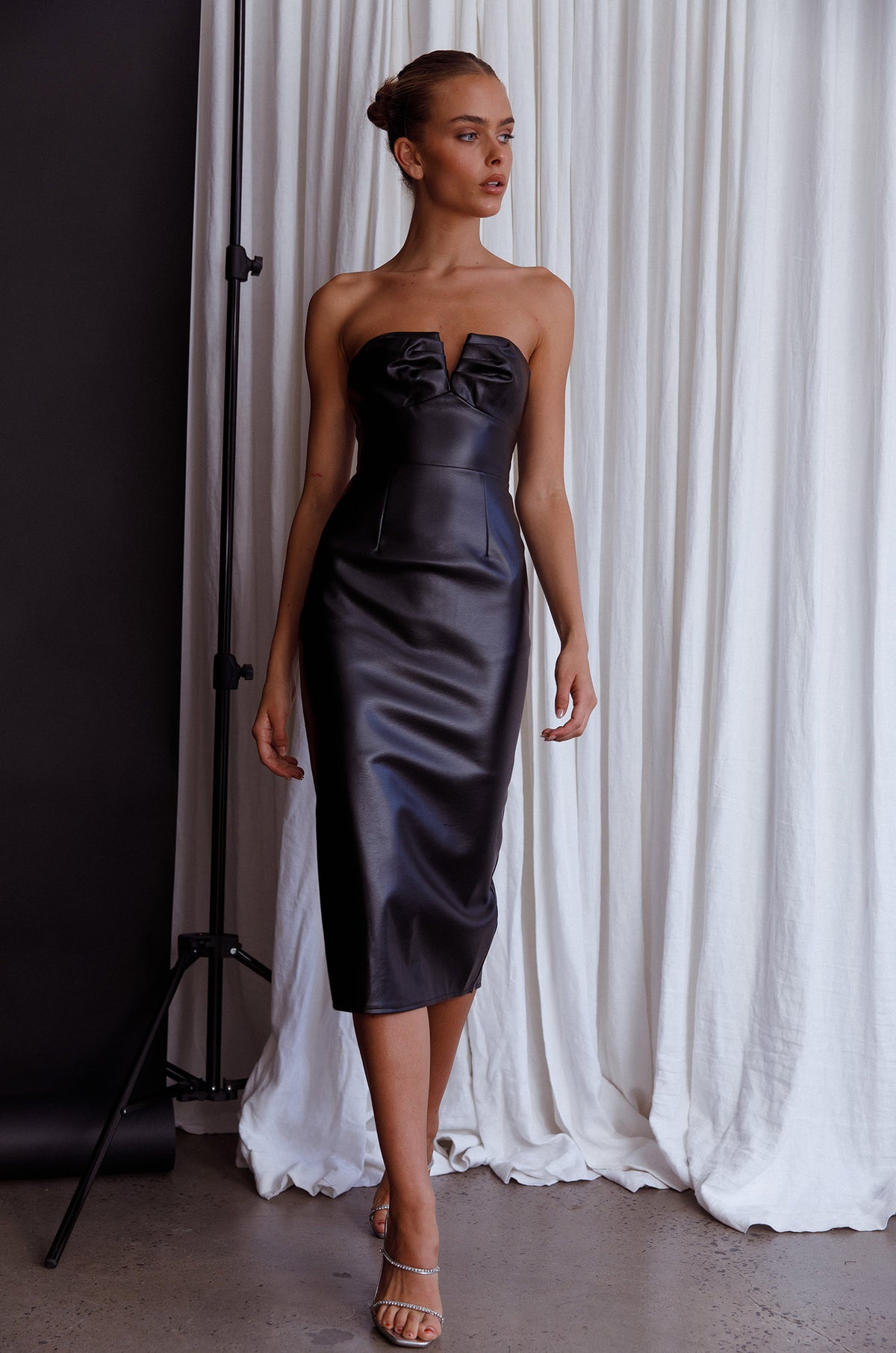 Shop the Intuition Strapless Faux Leather Dress Black