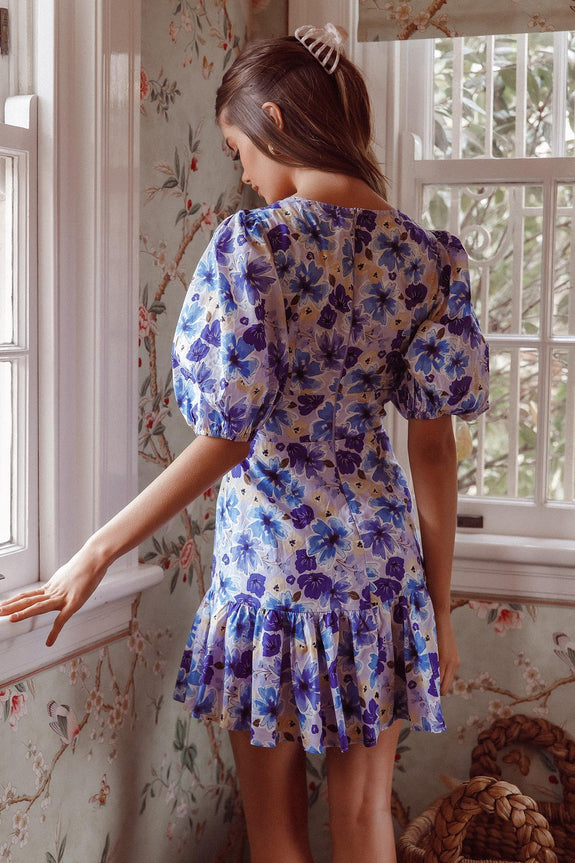 Shop the Jemilia Cut-Out Bust Flounce Mini Dress Floral Blue