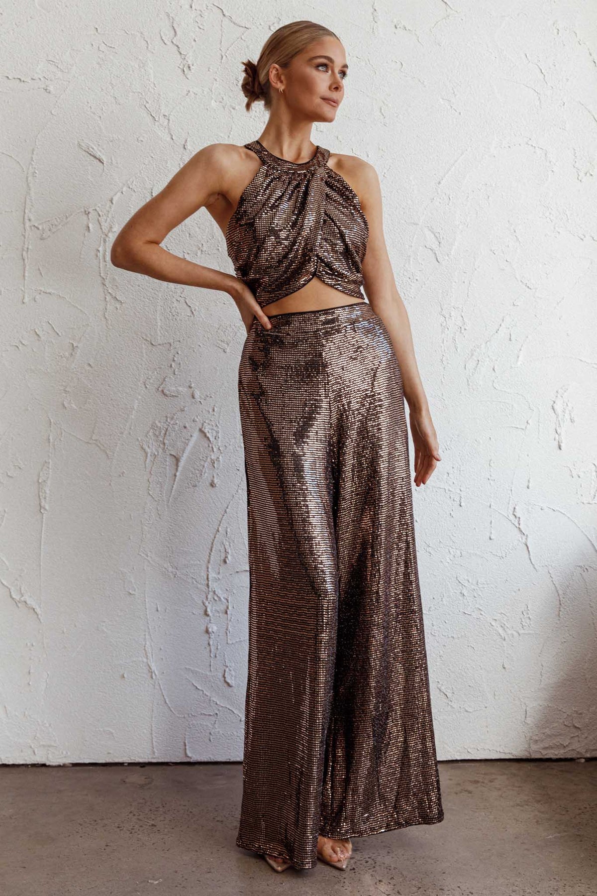 Shop the Anything Goes Wide Leg Metallic Pants Gold