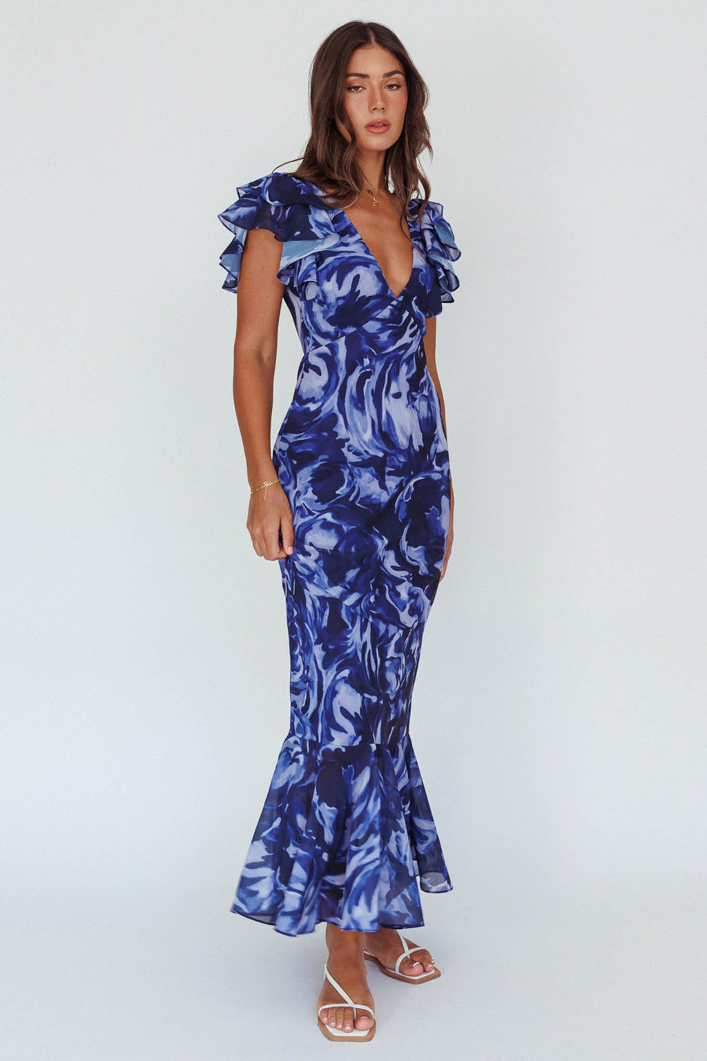 Lydiah Ruffle Sleeve Maxi Dress Floral Blue | Selfie Leslie