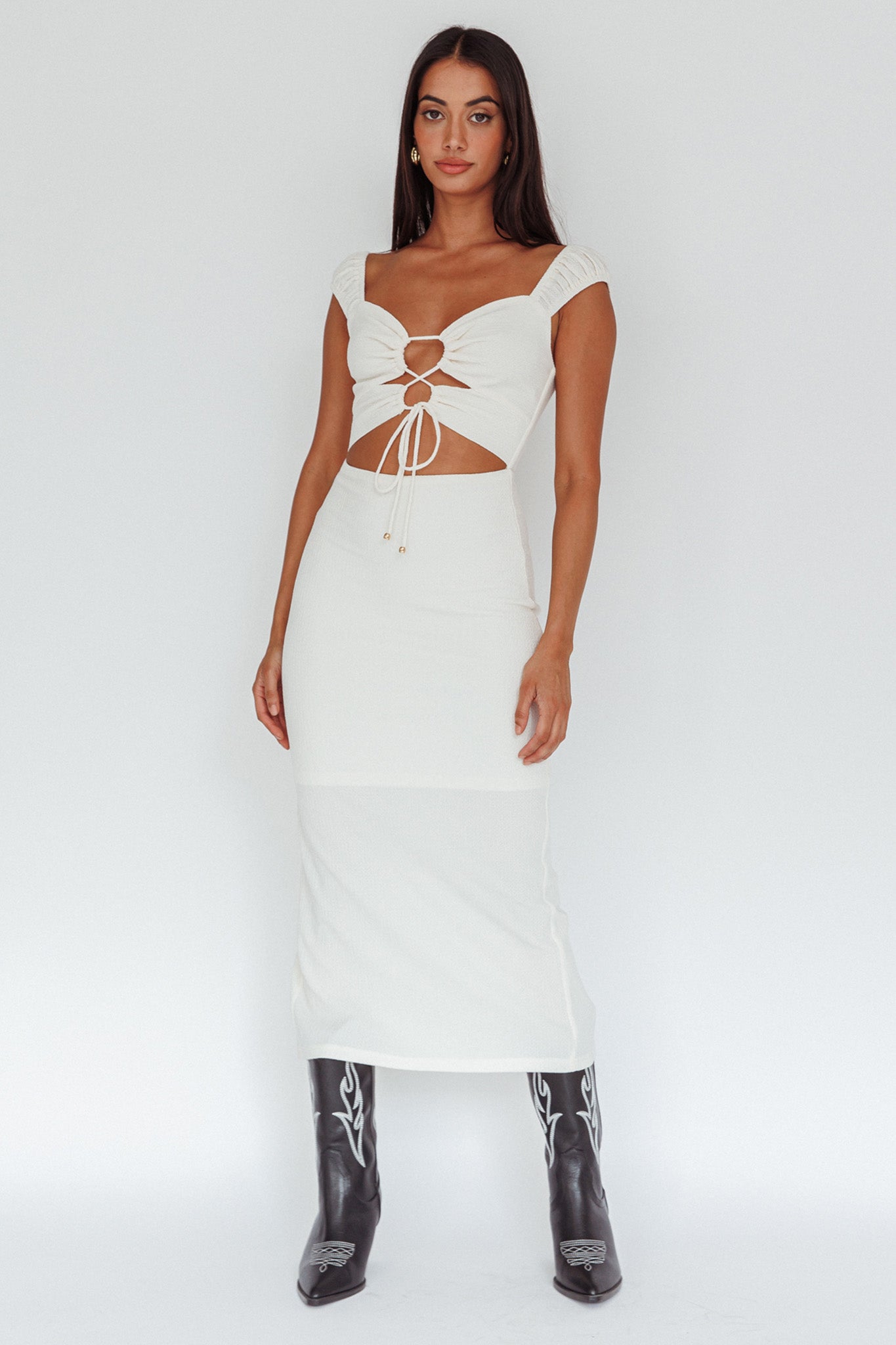 Shop the Iconic Cut-Out Bodice Midi Dress Cream