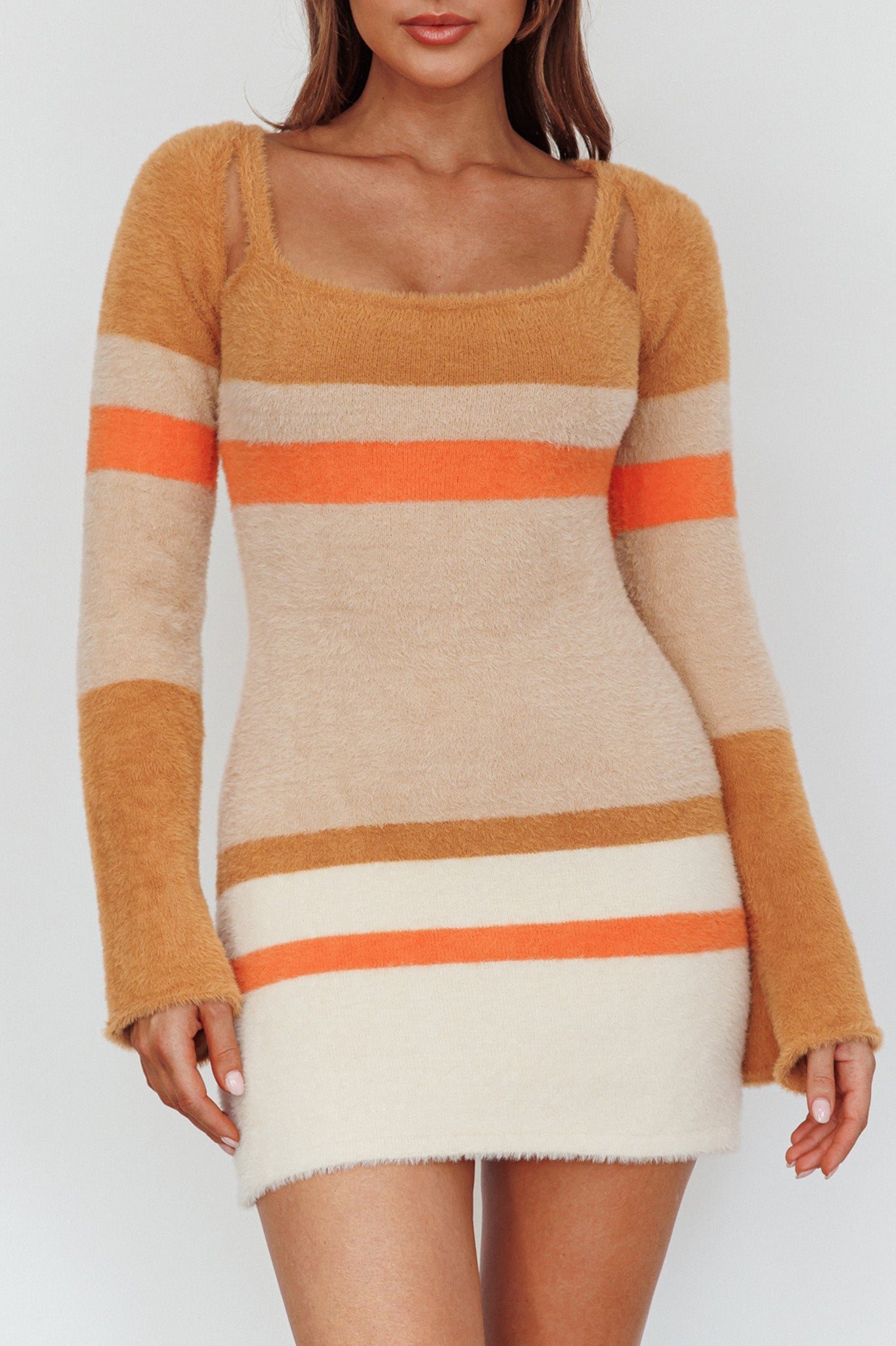 Shop the Count On It Fuzzy Knit Mini Dress Brown Multi