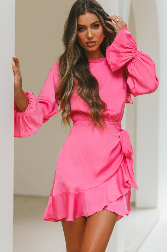 Shop the Darla Long Sleeve Satin Dress Hot Pink