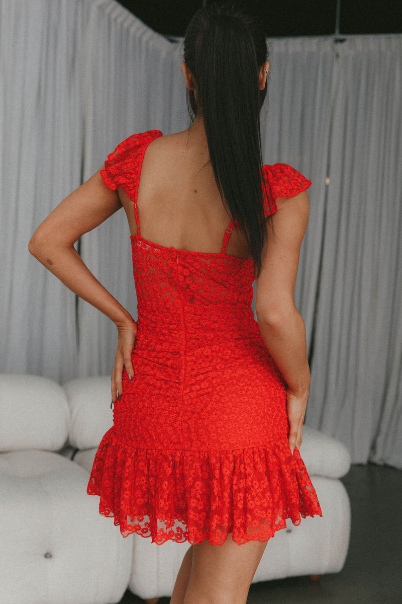 Shop the Presley Embroidered Frill Dress Red