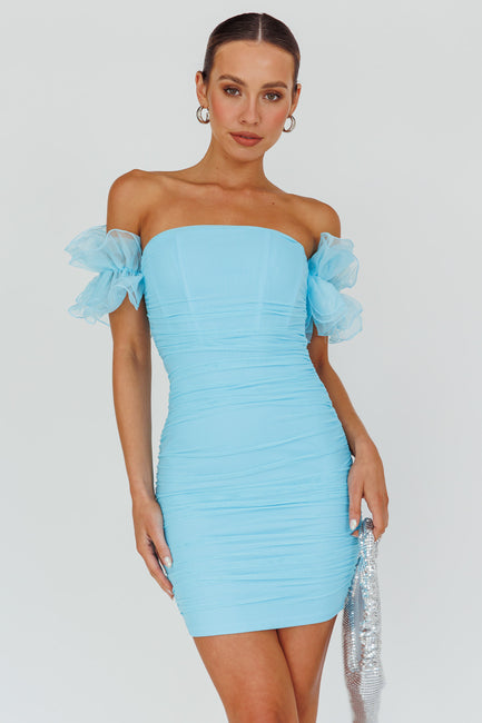Shop the Star Dust Off-Shoulder Frill Sleeve Mini Dress Baby Blue ...