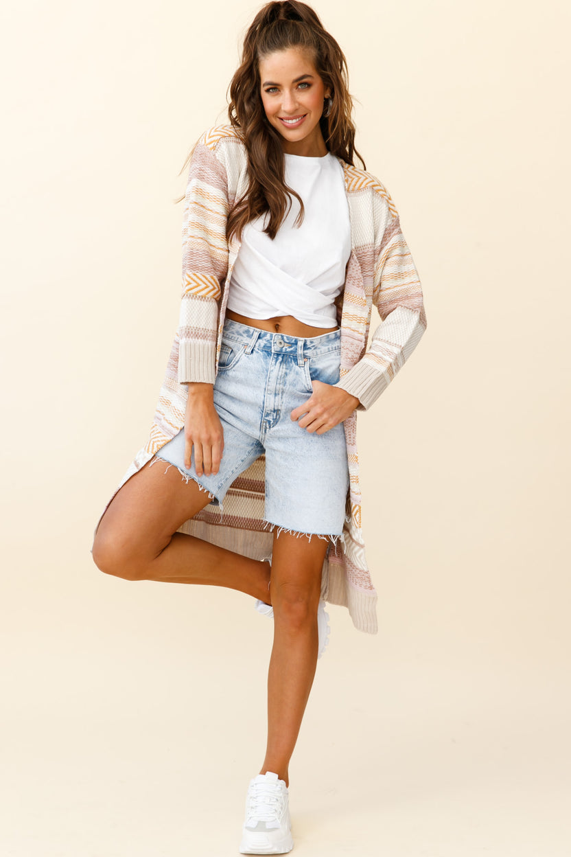 Sabine Long Line Textured Knit Cardigan Beige– Selfie Leslie