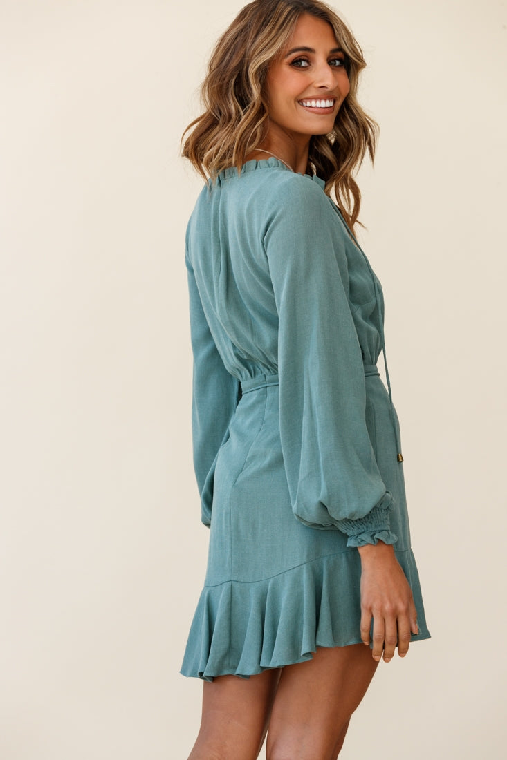 Shop the Santorini Long Sleeve String Tie Dress Sage
