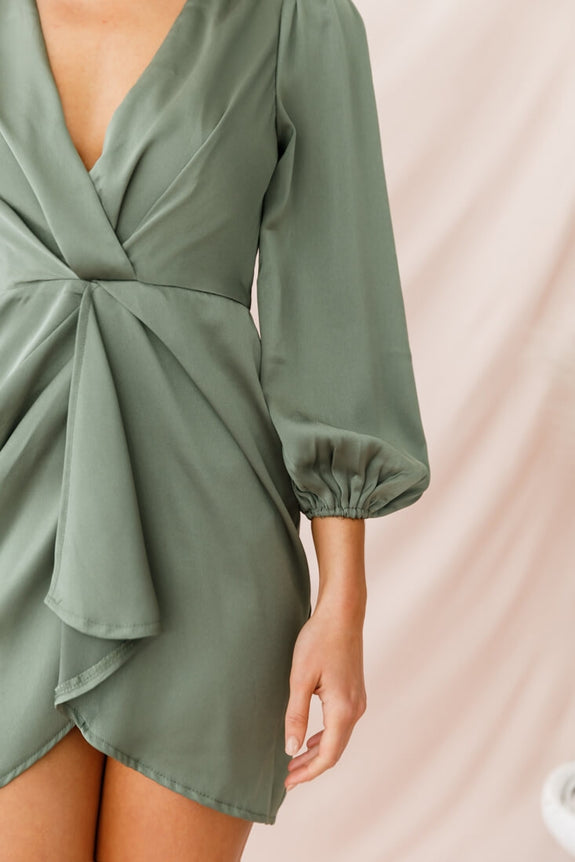 Shop the DeLisa Balloon Sleeve Mini Dress Olive